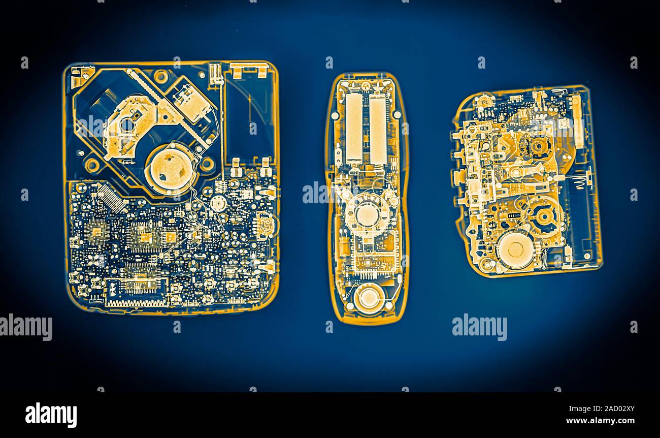 Coloured X-ray of a cd player (left), a TV remote control (centre), and ...