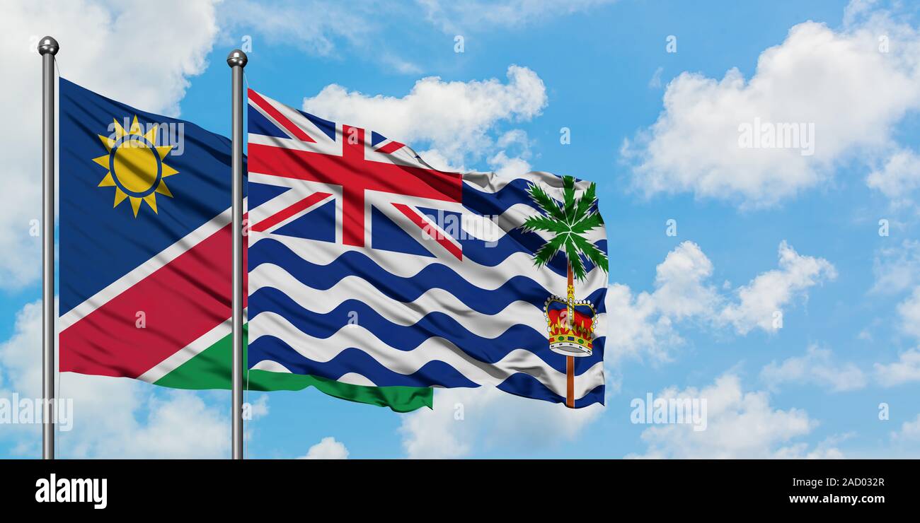 Namibia and British Indian Ocean Territory flag waving in the wind ...