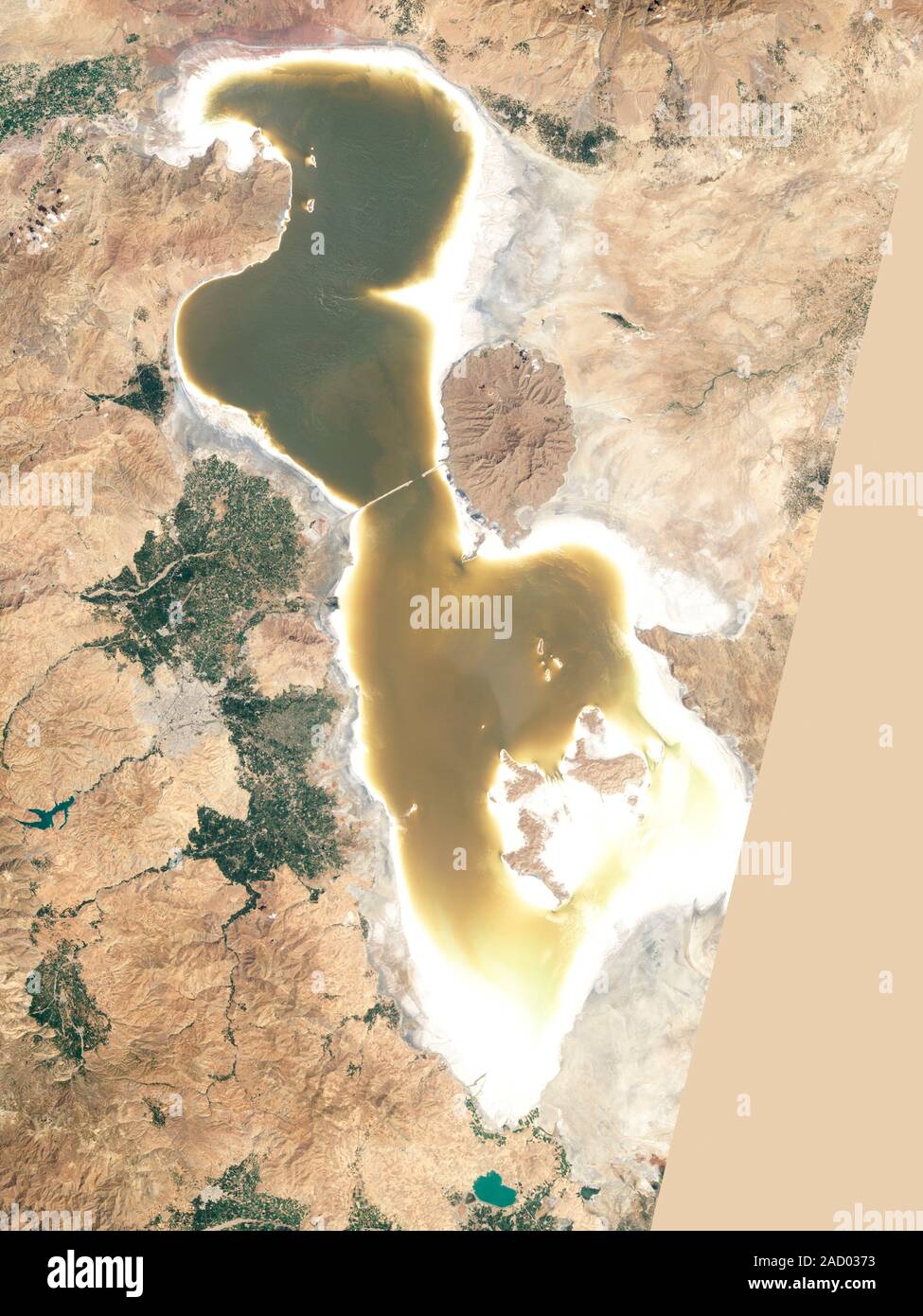 Lake Urmia, 2011. Satellite image showing the water level of Lake Urmia ...