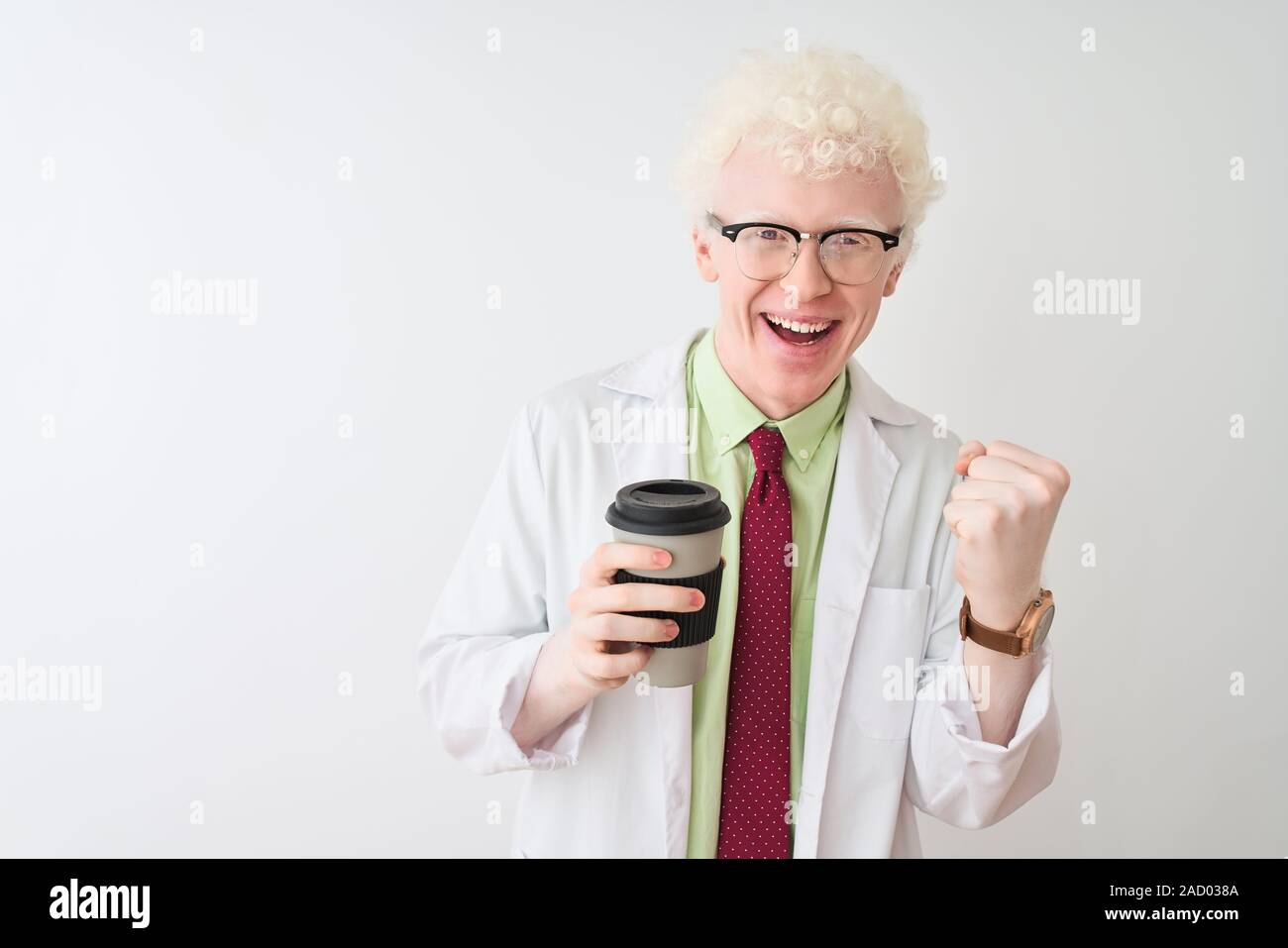 Albino scientist man wearing glasses drinking take away coffee over ...