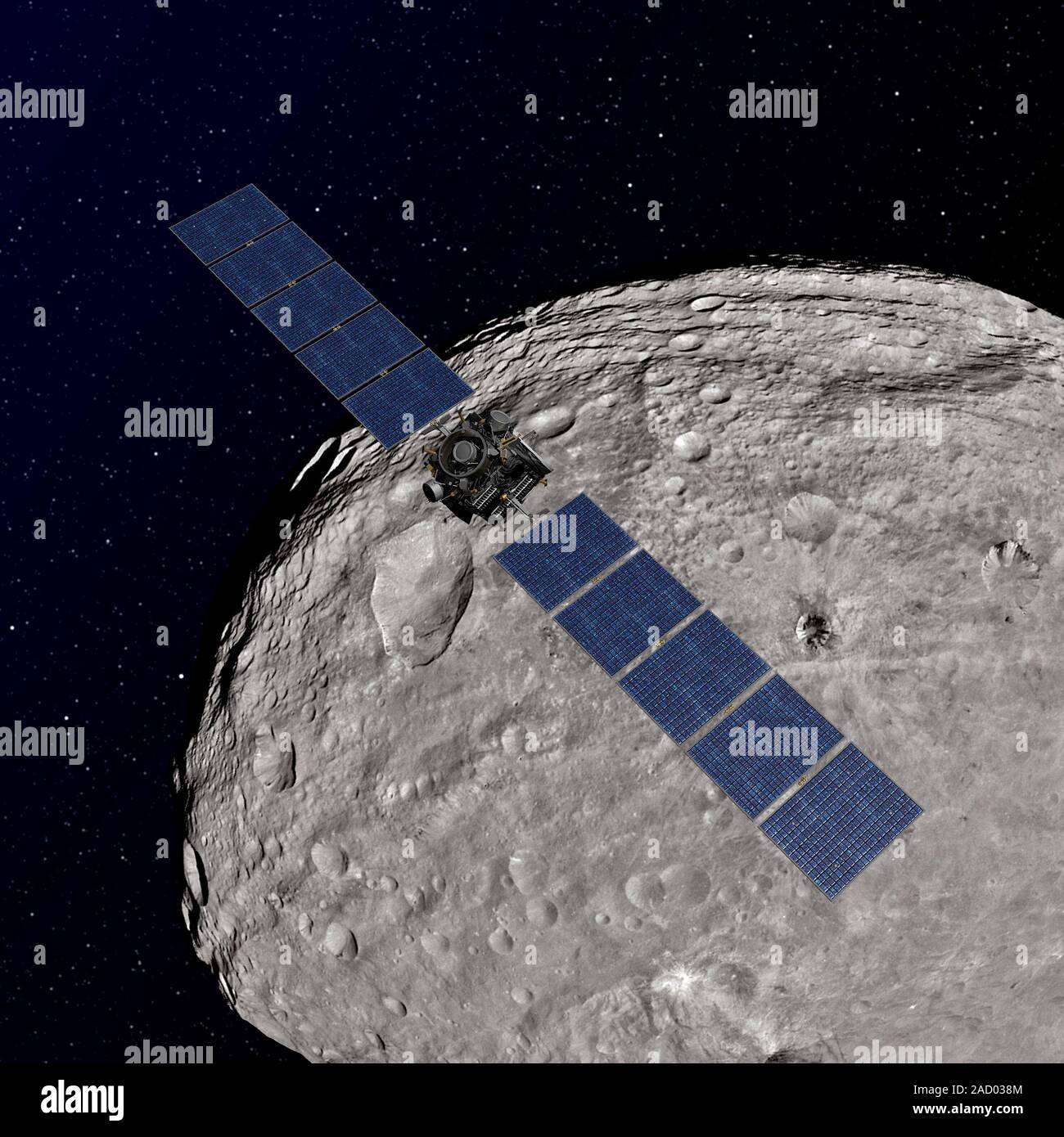 Dawn spacecraft at Vesta asteroid. Computer illustration of NASA's Dawn ...