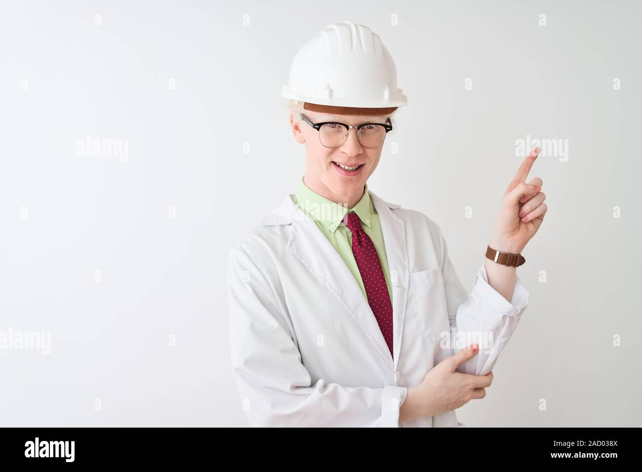 Albino scientist man wearing glasses and helmet standing over isolated ...