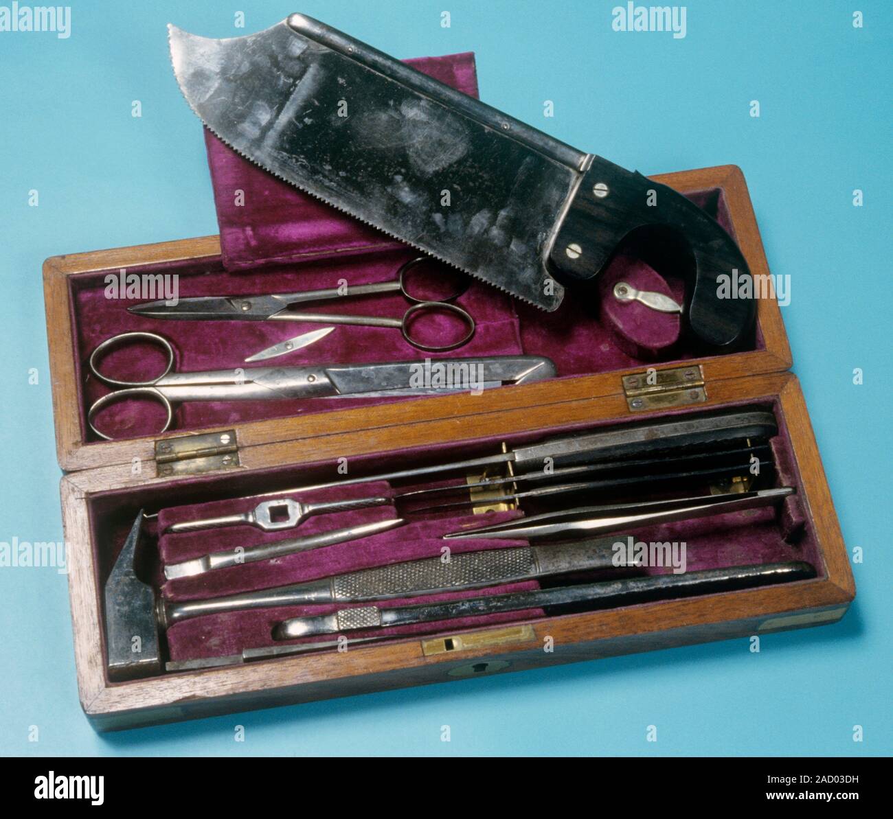 Post-mortem instruments, including bowel scissors, chisels and a mallet ...