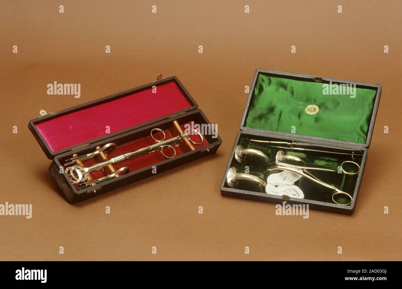 Tonsillectomy guillotine (left) and tracheotomy set (right). This type ...