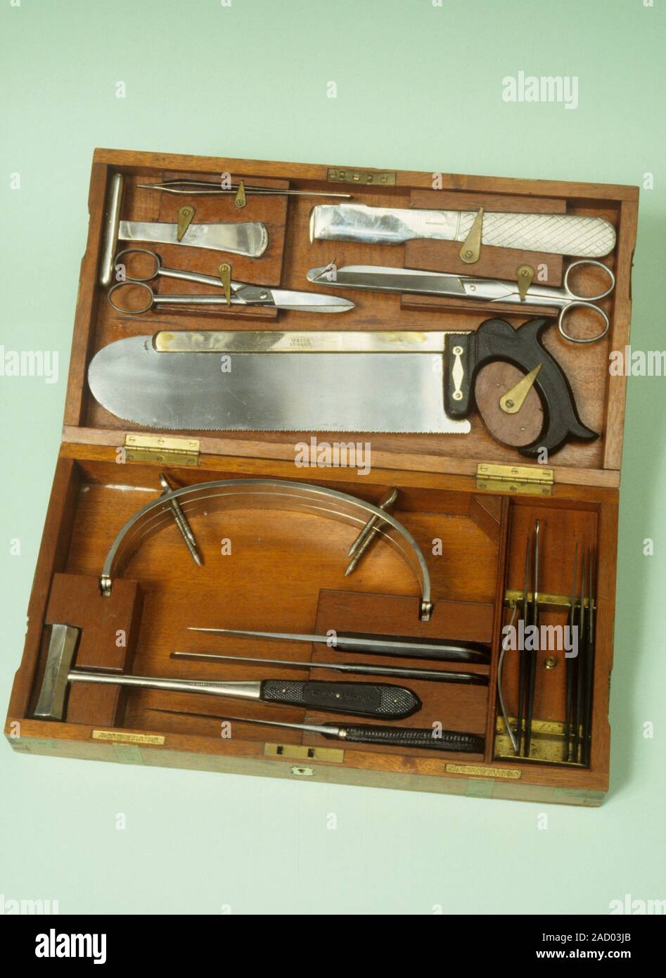 Post-mortem instruments, including head clamp, chisels, bone saw ...