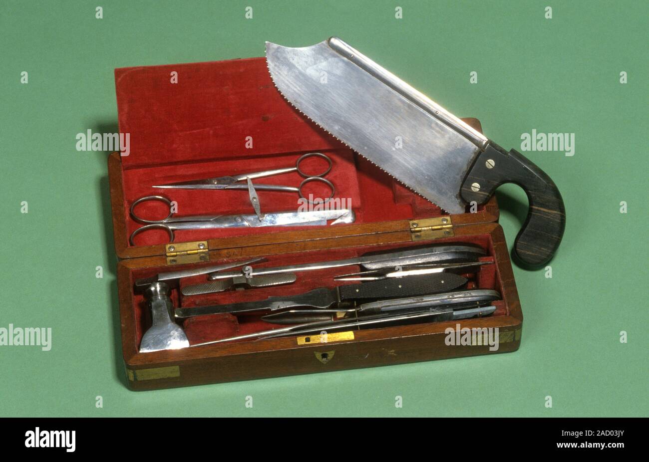 Set of post-mortem instruments, with saws, chisels, scalpels and ...
