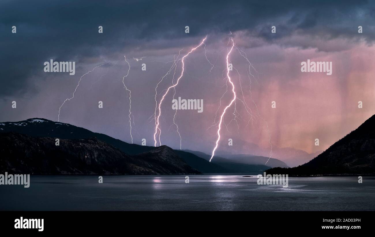 Aurora borealis and lightning. View of the aurora borealis (northern ...