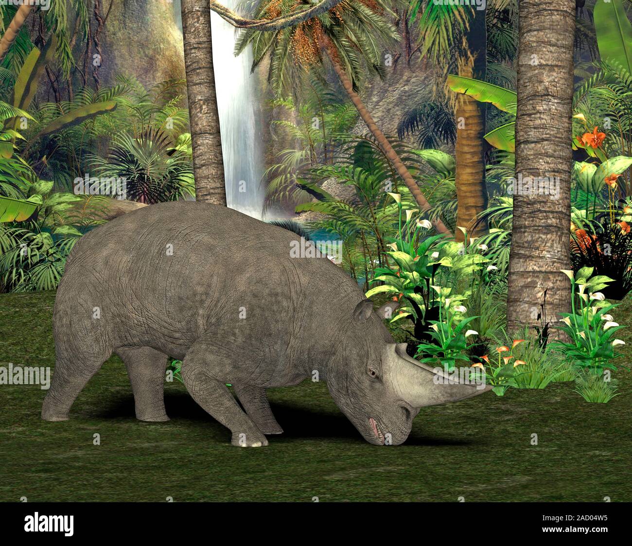 Computer illustration of an Arsinoitherium sp. mammal in a prehistoric ...