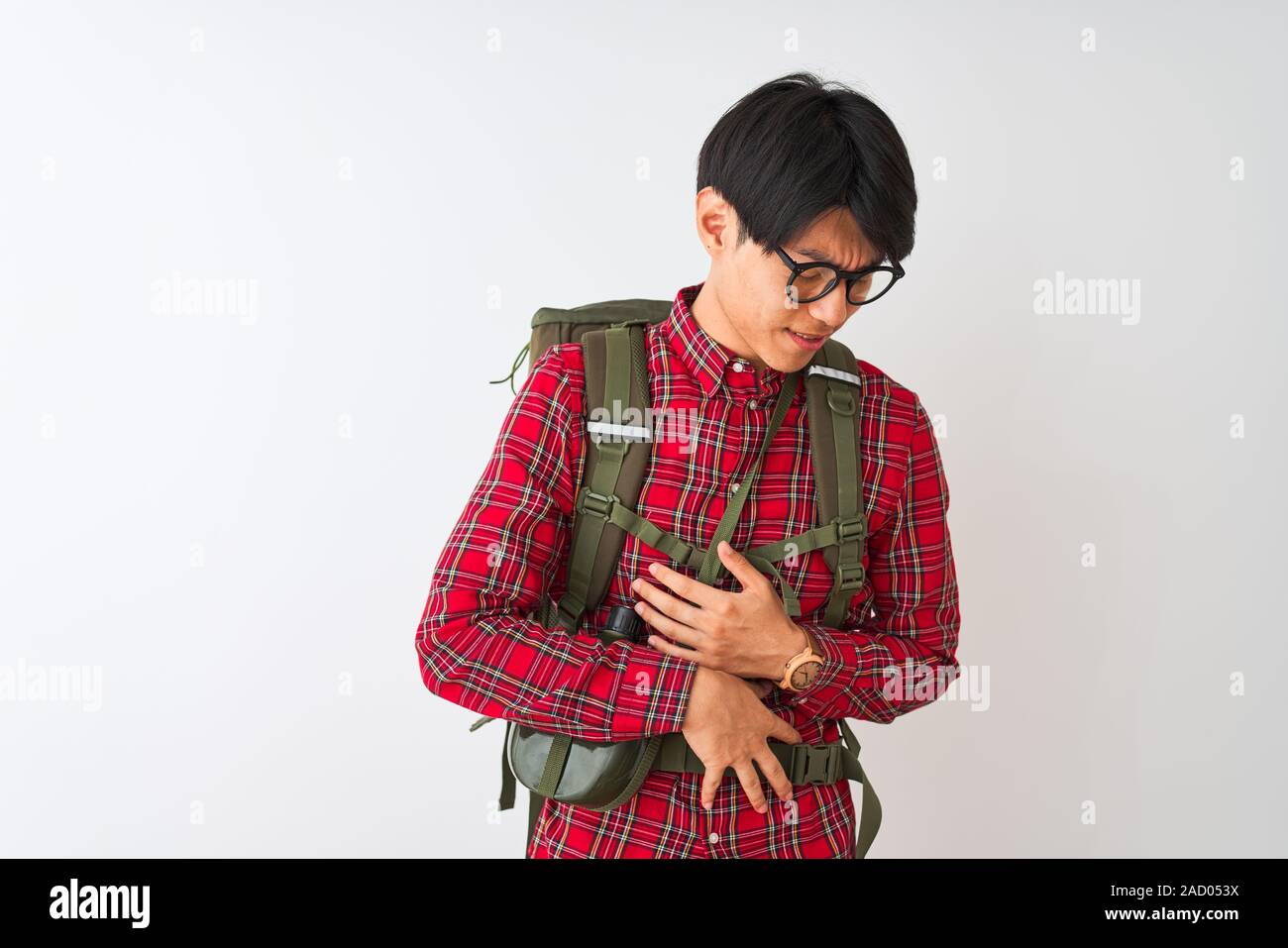 Chinese hiker man wearing backpack canteen glasses over isolated white ...