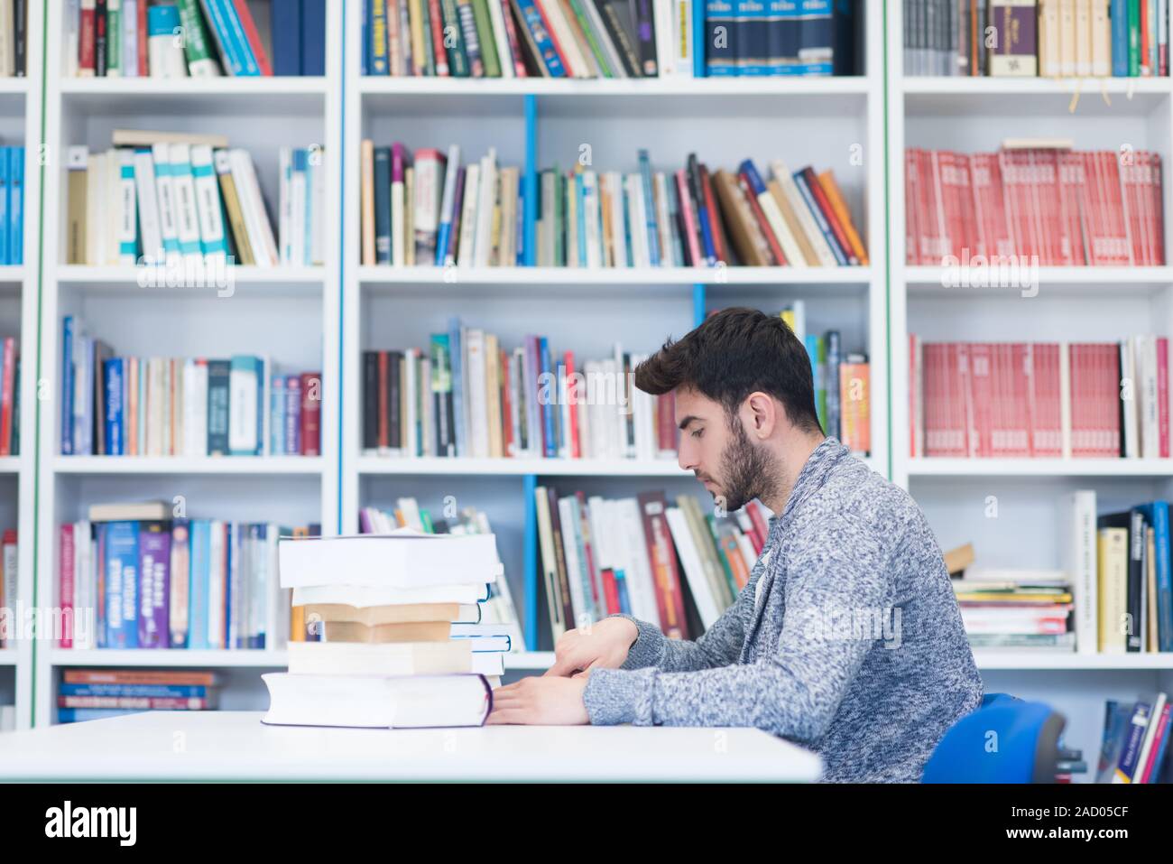 portrait of student while reading book in school library Stock Photo ...