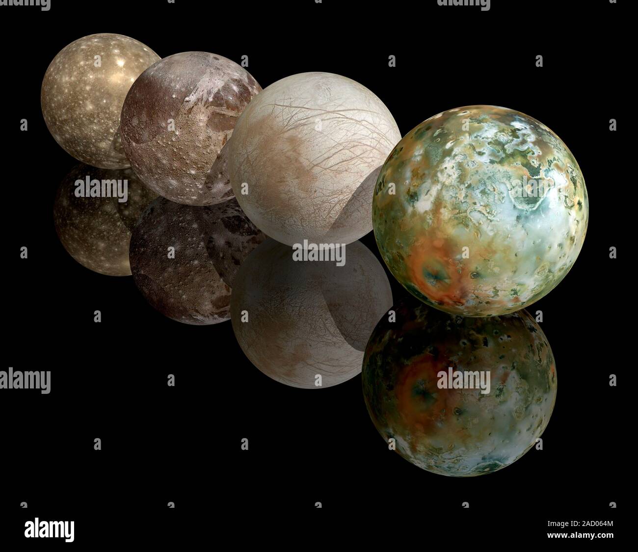Moons of Jupiter. Computer illustration showing the four largest moons ...
