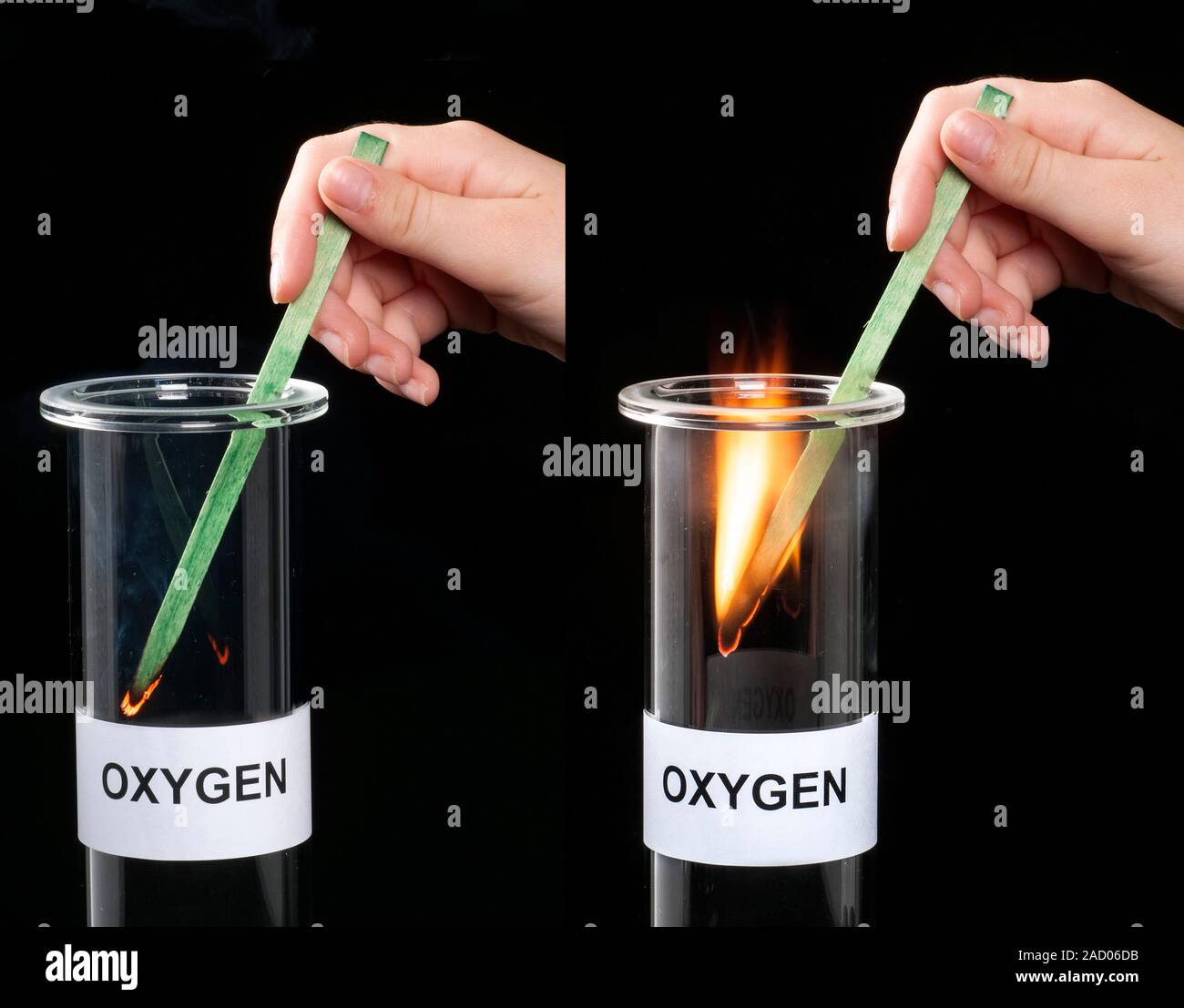 Glowing splint test. When a glowing splint (left) is placed in a tube ...