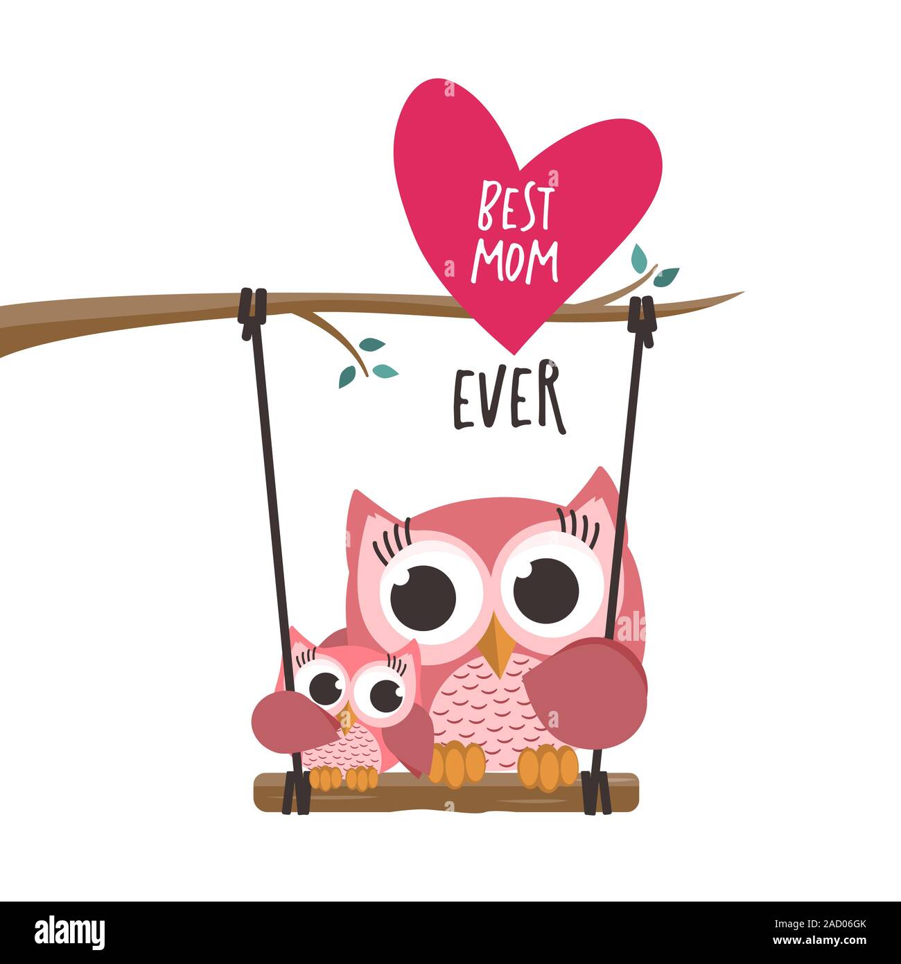 Mothers day owls in love in a swing. Best mom ever. Vector illustration ...