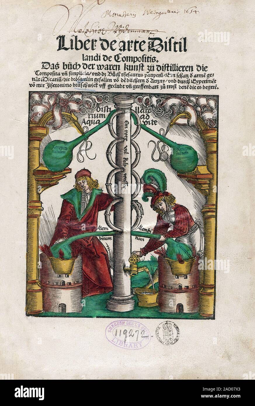 Distillation apparatus. 16th-century illustration of an alchemist (left ...
