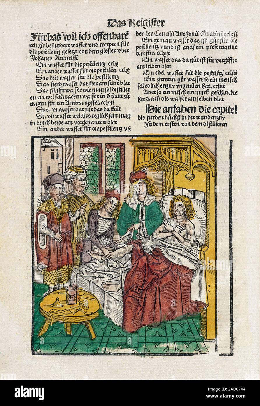 Sickbed treatments. 16th-century illustration of a doctor (green robe ...