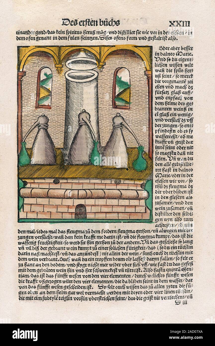 Distillation apparatus. 16th-century illustration of three small ...
