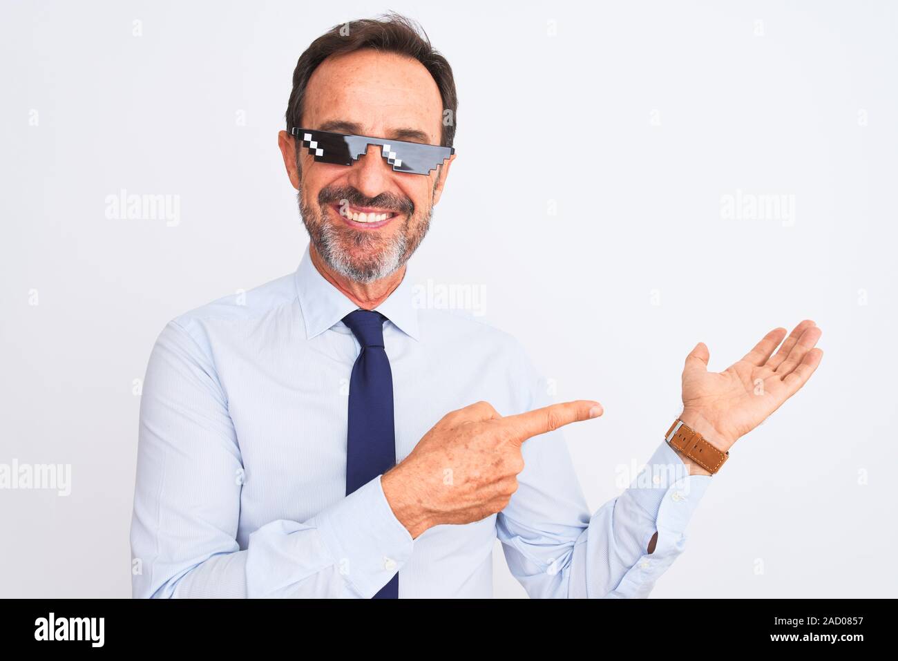 Middle age businessman wearing thug life sunglasses over isolated white ...