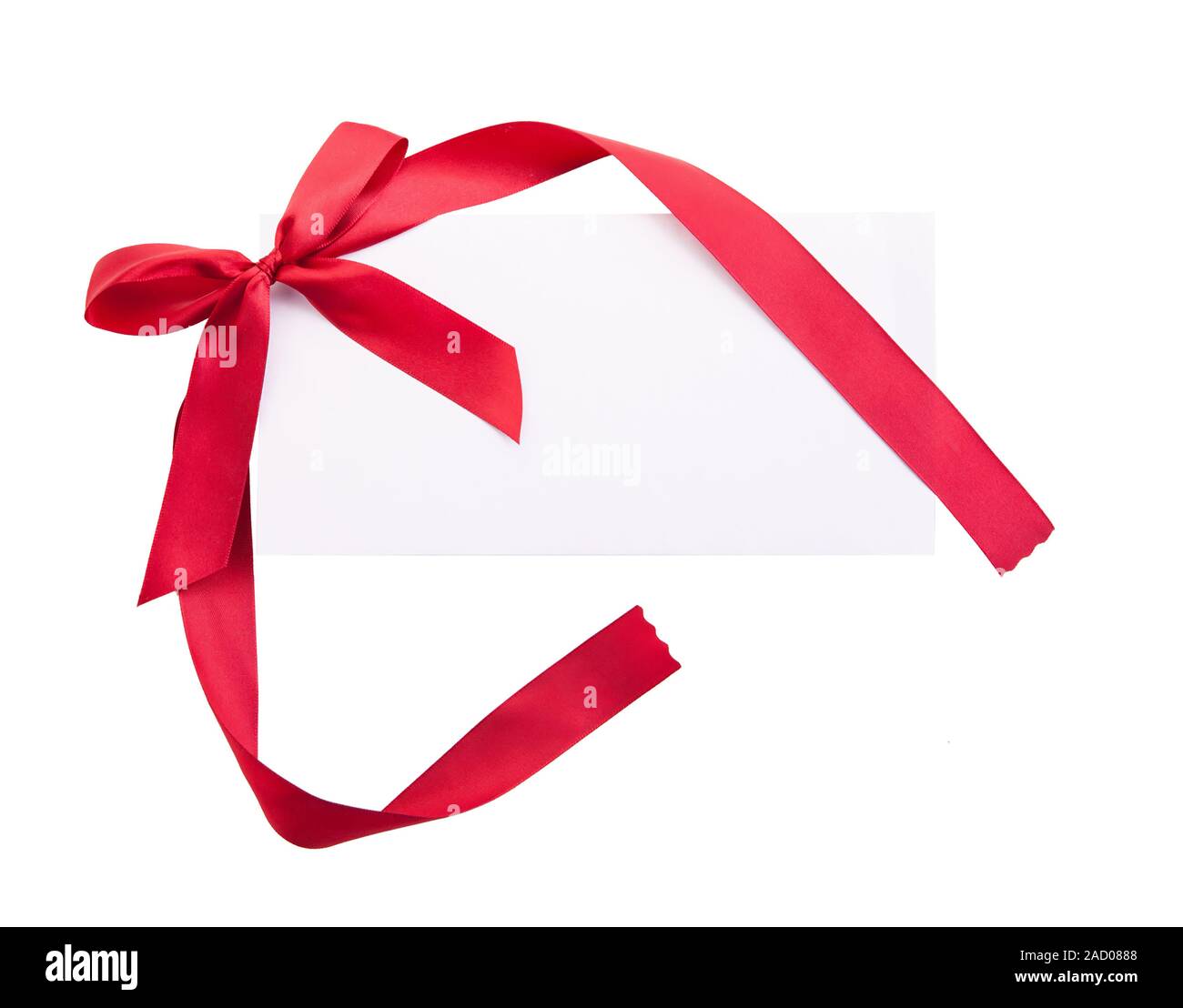 Card note with red ribbon on white background Stock Photo - Alamy