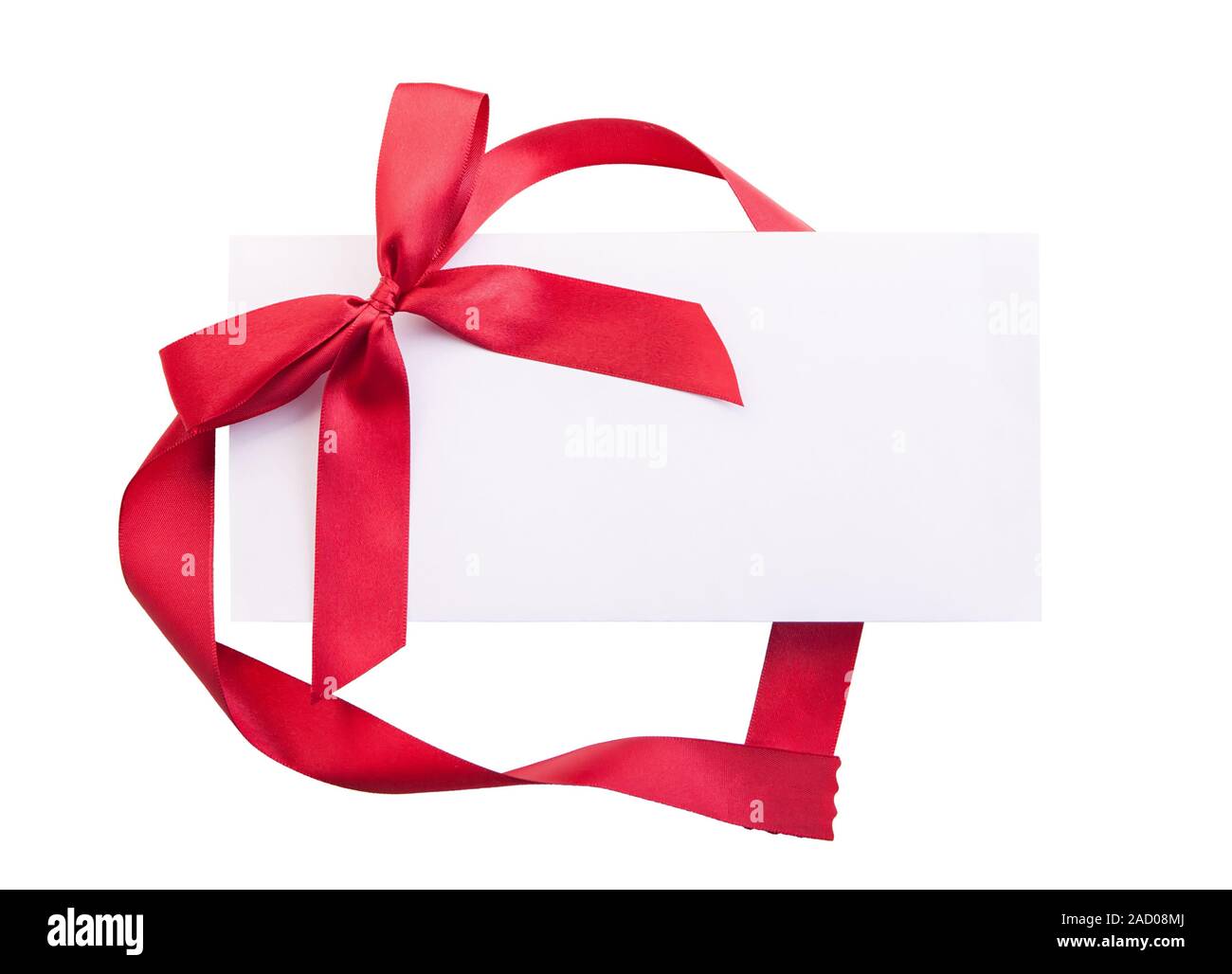 Card note with red ribbon on white background Stock Photo - Alamy