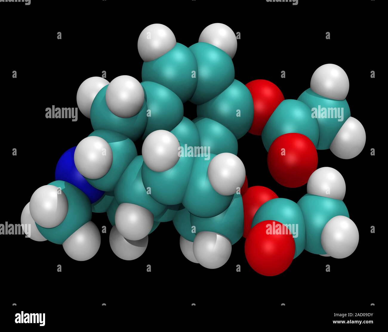 Heroin. Computer model of a molecule of heroin (diacetylmorphine), a ...