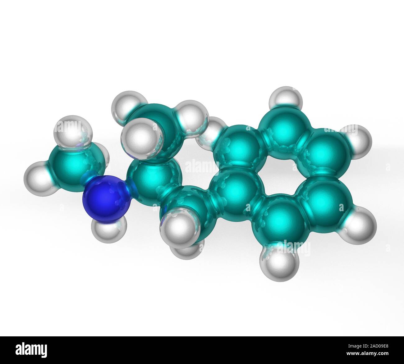 Methamphetamine drug, molecular model. Methamphetamine (C10H15N) is a ...