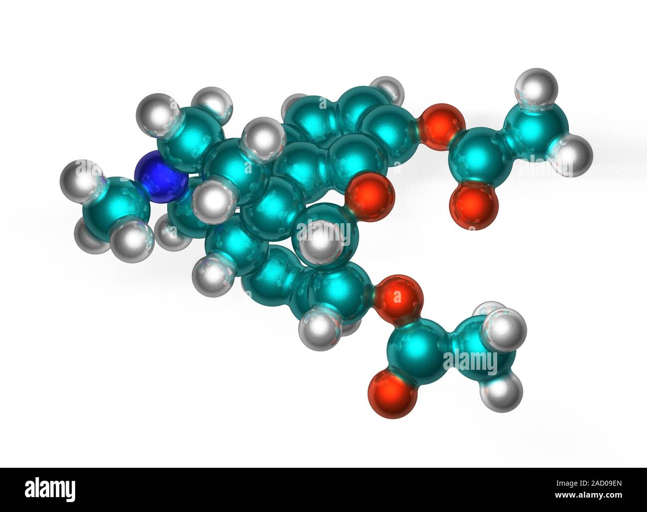 Heroin. Computer model of a molecule of heroin (diacetylmorphine), a ...