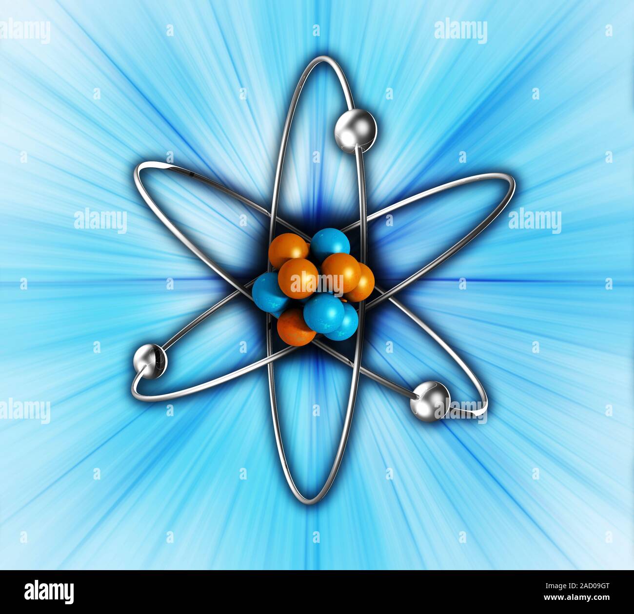 Atomic structure, computer illustration. In the centre of the atom is ...