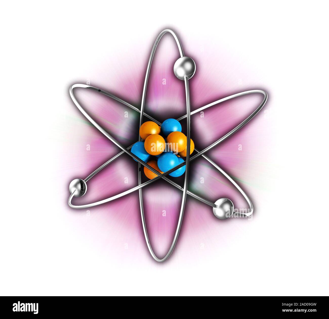 Atomic structure, computer illustration. In the centre of the atom is ...