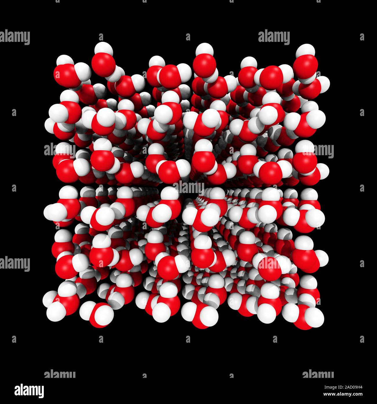 Ice. Computer model of ice, the solid form of water. Each water ...