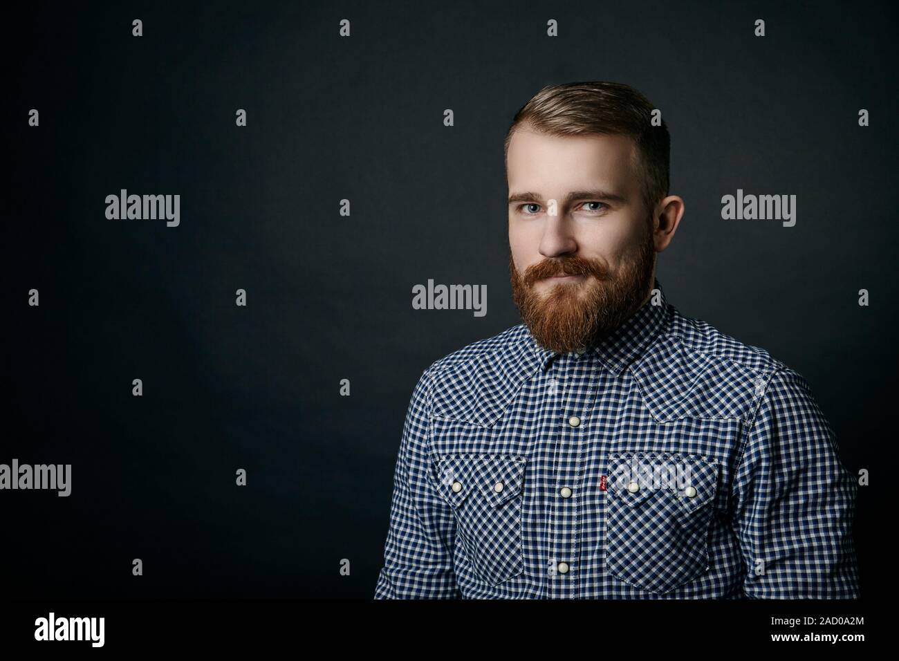 Smiling red bearded man studio portrait on dark background Stock Photo ...