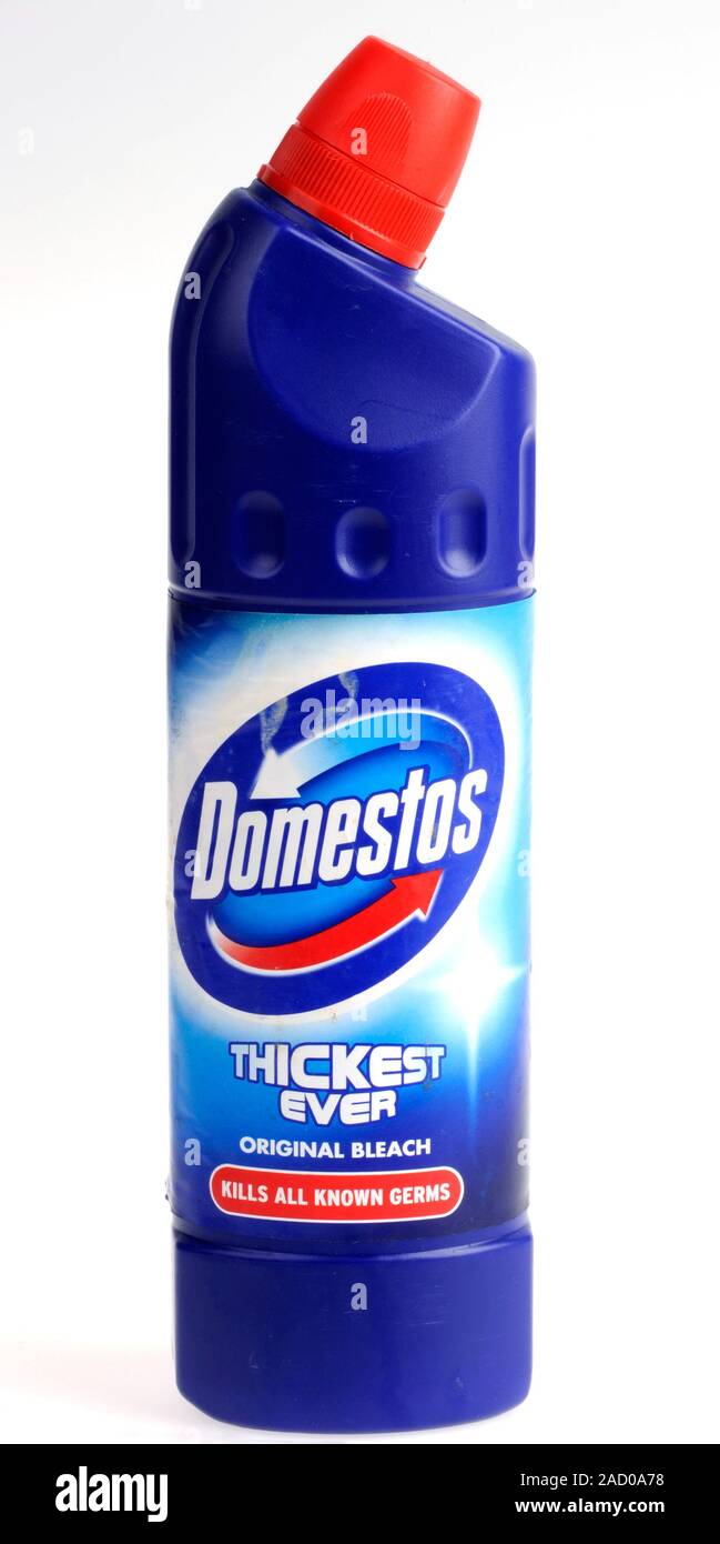 Household bleach. Bottle containing bleach for domestic use. Bleaches ...