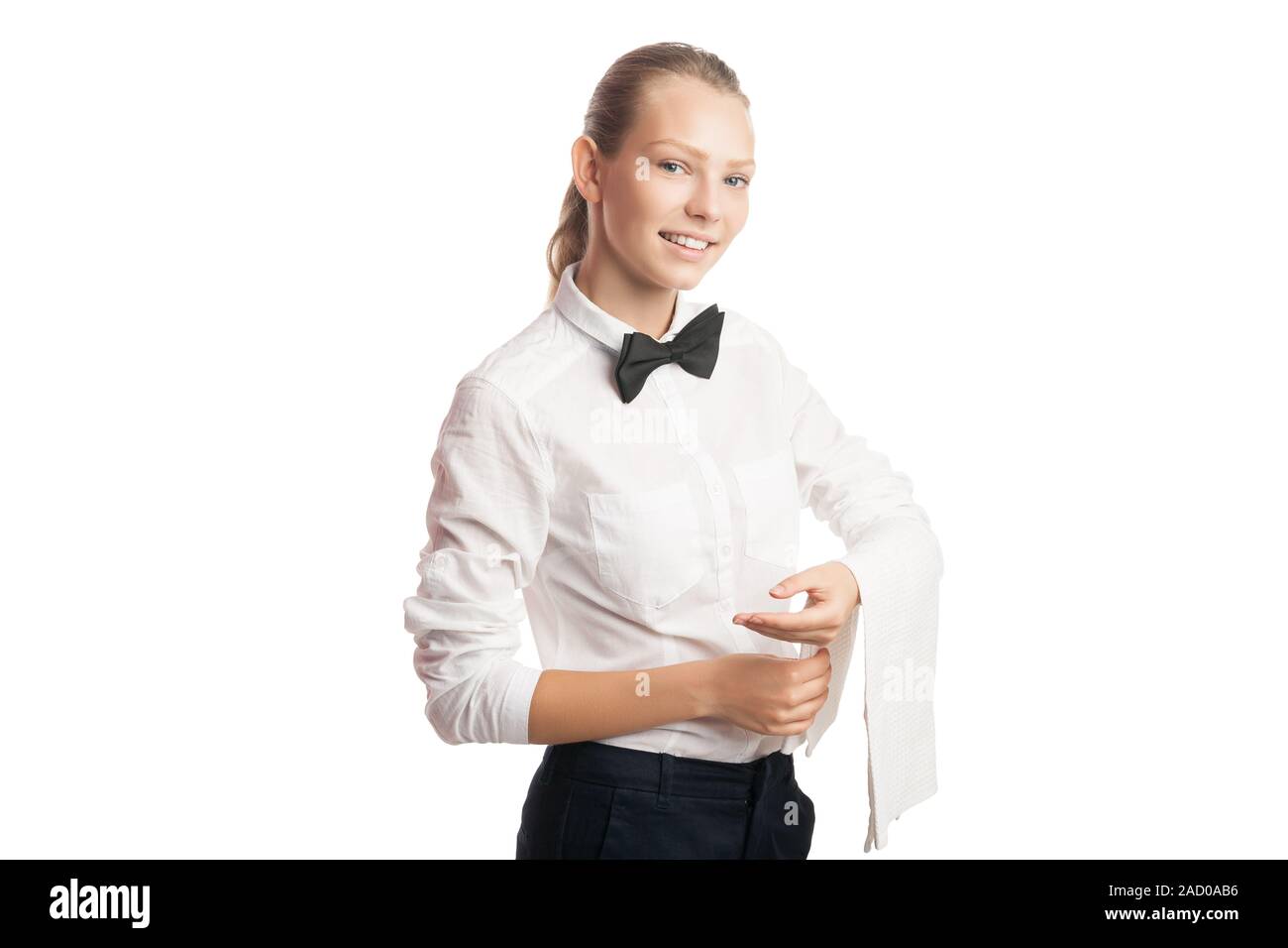 Portrait of young waitress with towel on arm Stock Photo - Alamy