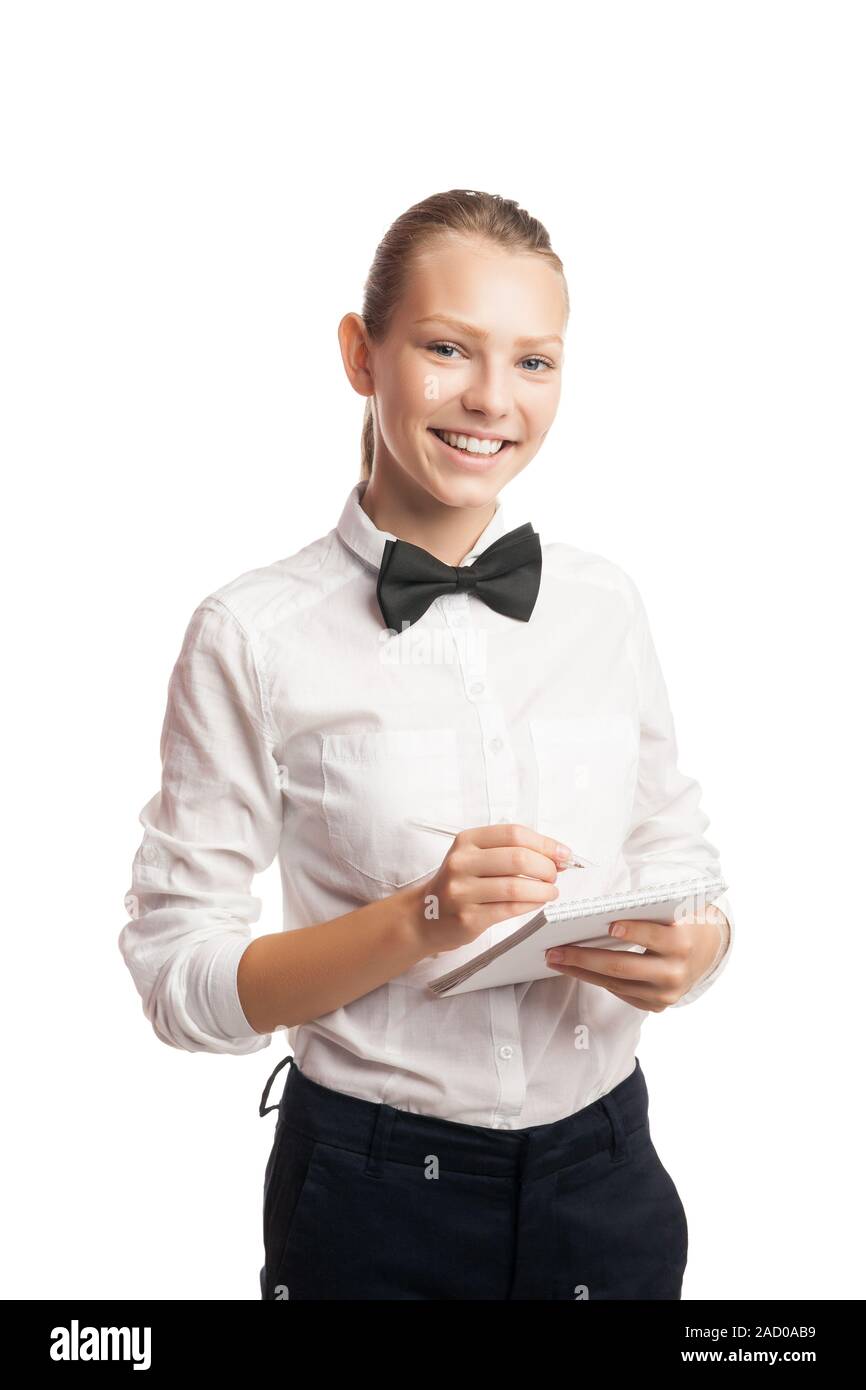Young smiling waitress taking order with notebook and pencil Stock ...