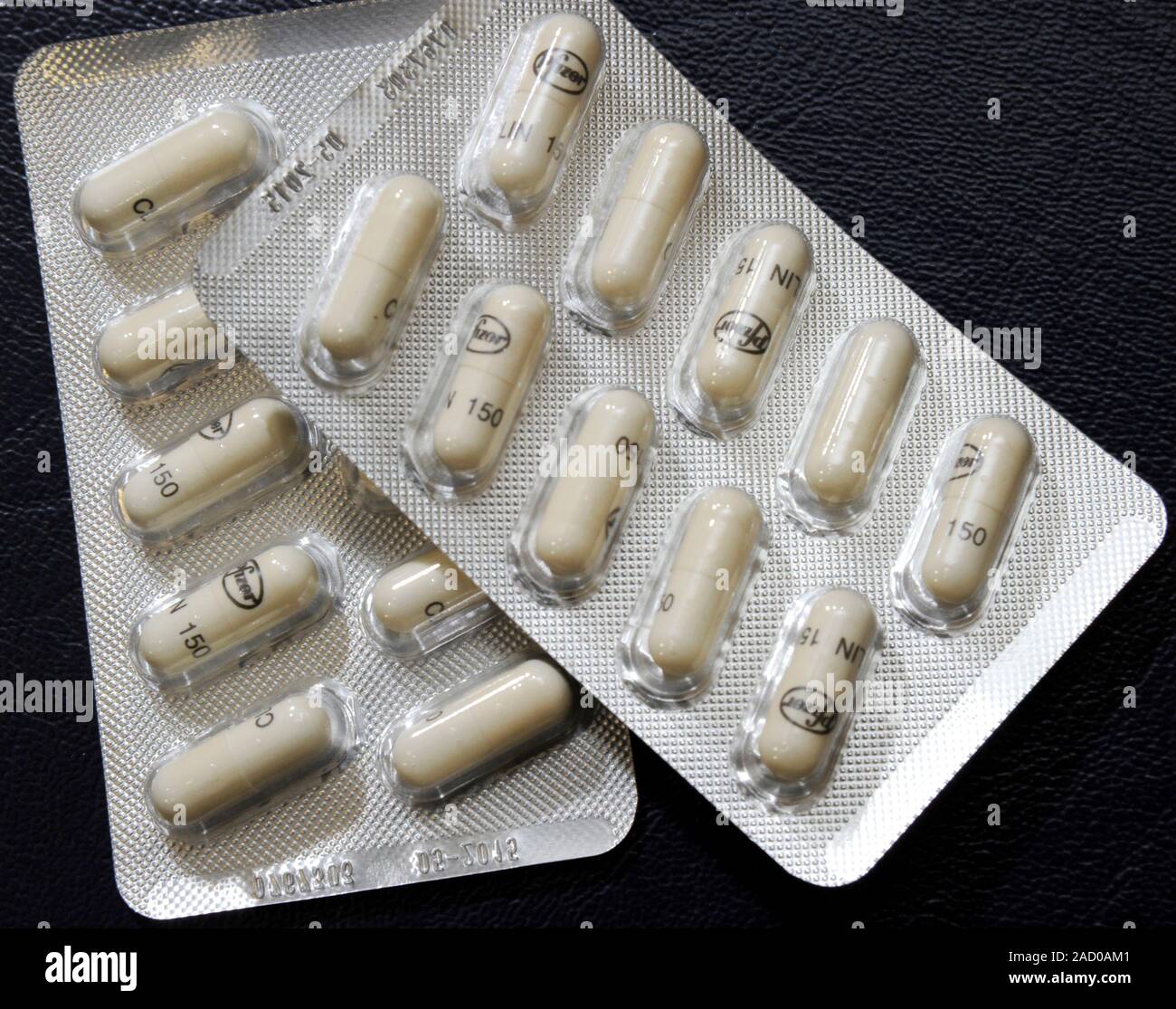 Clindamycin antibiotic drug. Bilster packs containing capsules of the ...