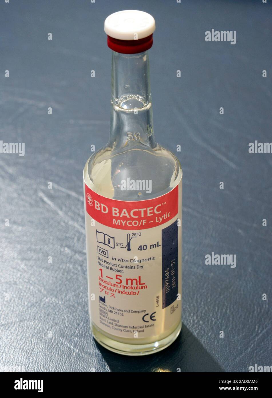 Blood bacteria culture medium. Bottle containing MYCO/F Lytic culture ...