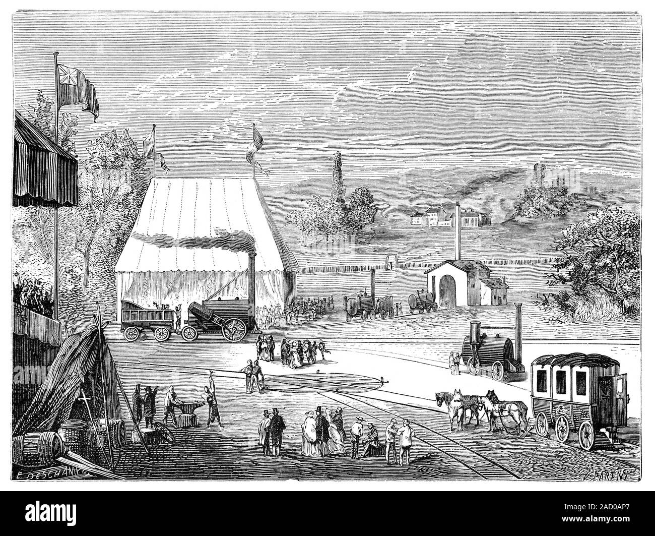 Rainhill locomotive trials. 19th-century illustration of the October ...