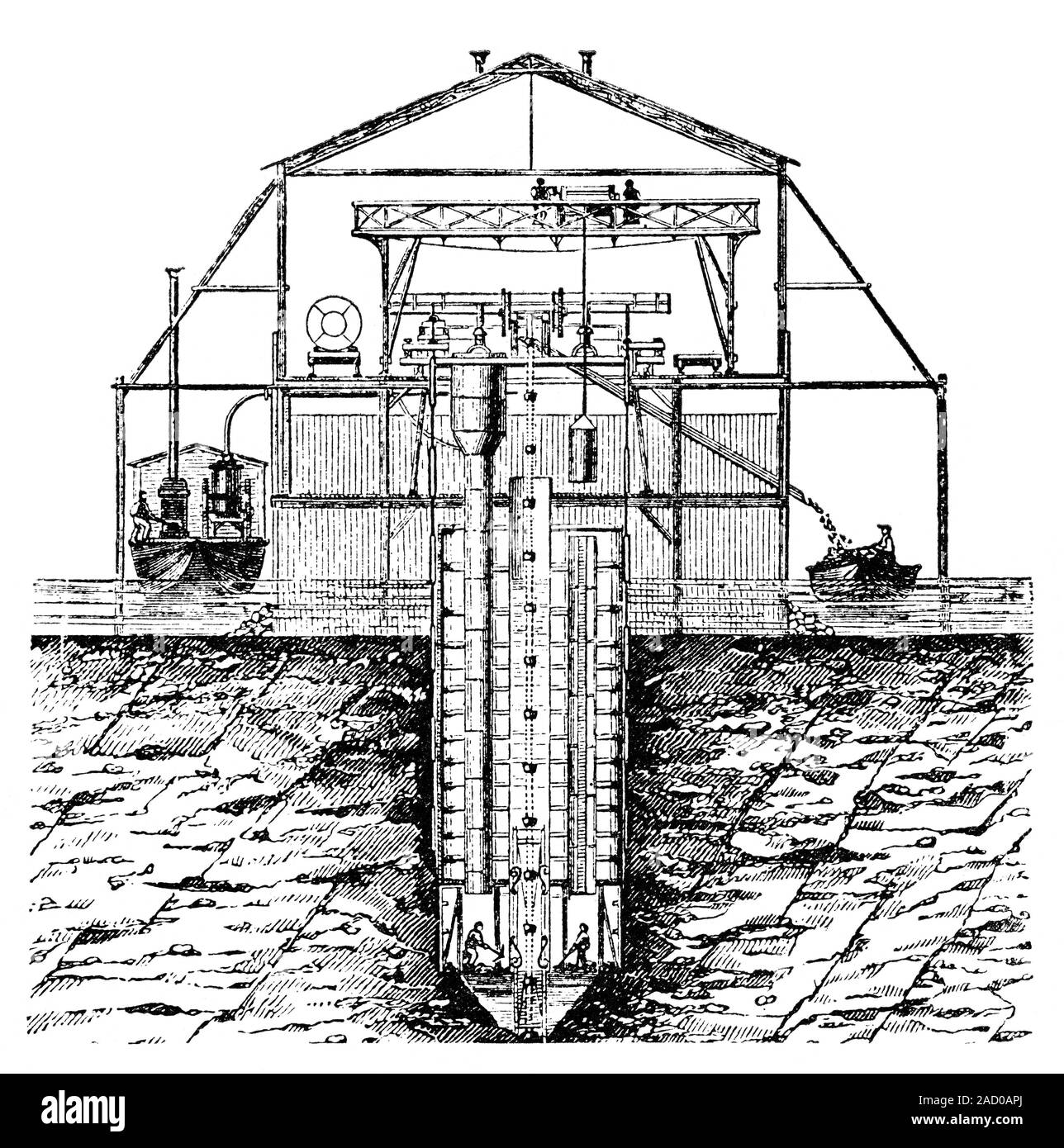 Bridge foundation caisson. 19th-century illustration of compressed air ...