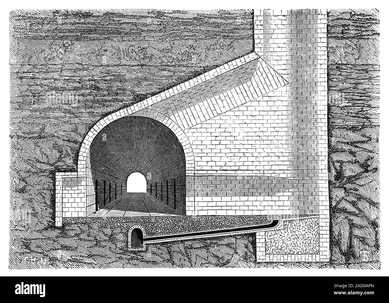 Train tunnel. 19th-century illustration of a cross-section through a ...
