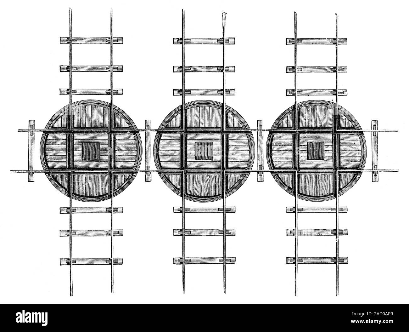 Railway turntables. 19th-century illustration of an overhead view of a ...