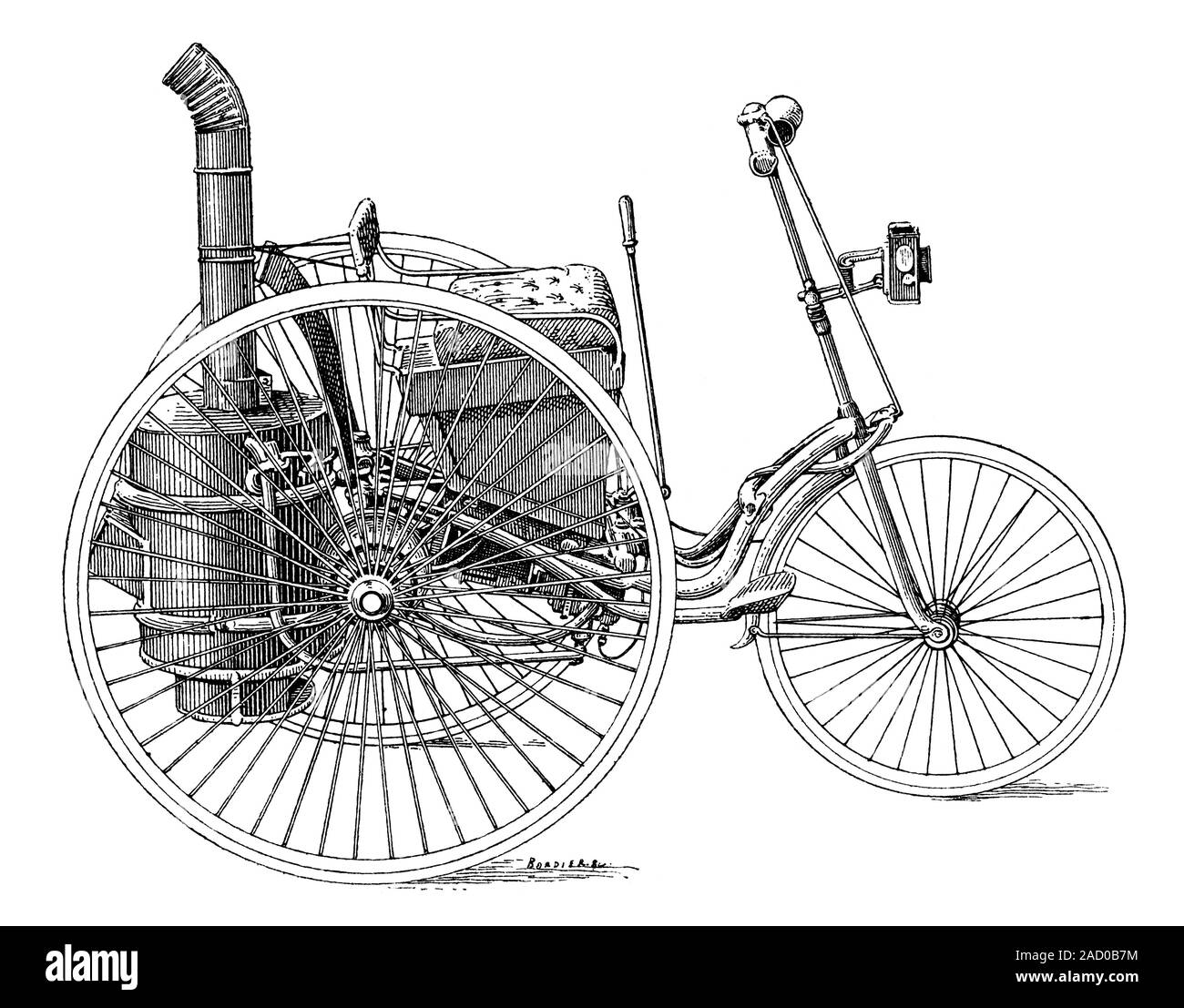 Serpollet steam tricycle. 19th-century illustration of the coal-fired ...