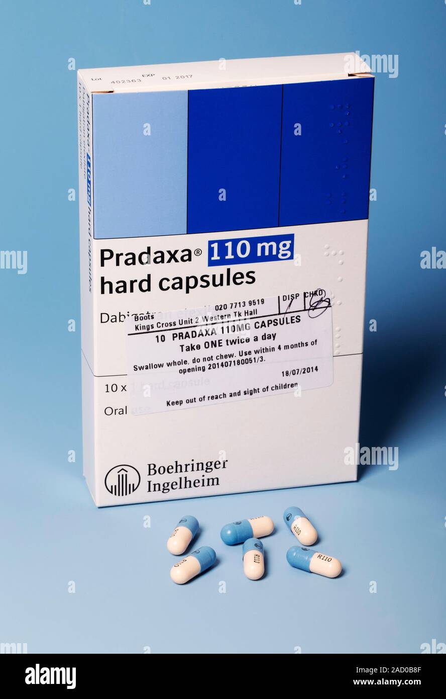 Pradaxa drug packaging and capsules. Pradaxa is a trademark for the anticoagulant drug ...