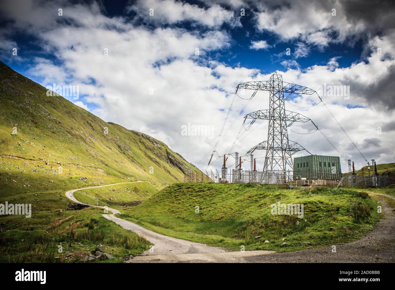 Pylons and power lines at Cruachan Power Station, Scotland, UK. This ...