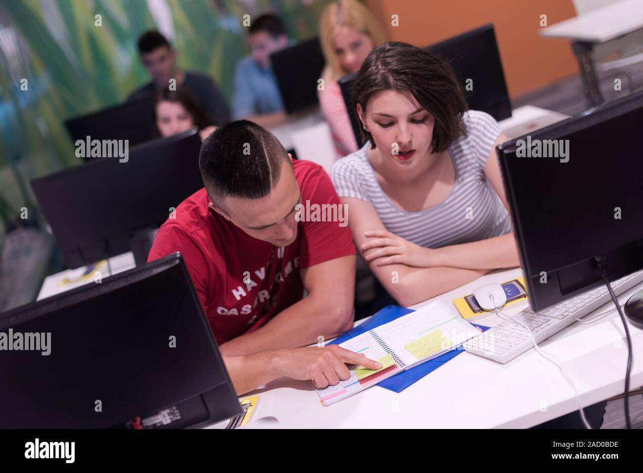 technology students group working in computer lab school classroom ...