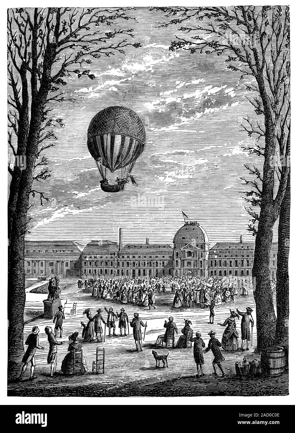 First manned hydrogen balloon. 19th-century illustration of the ascent ...