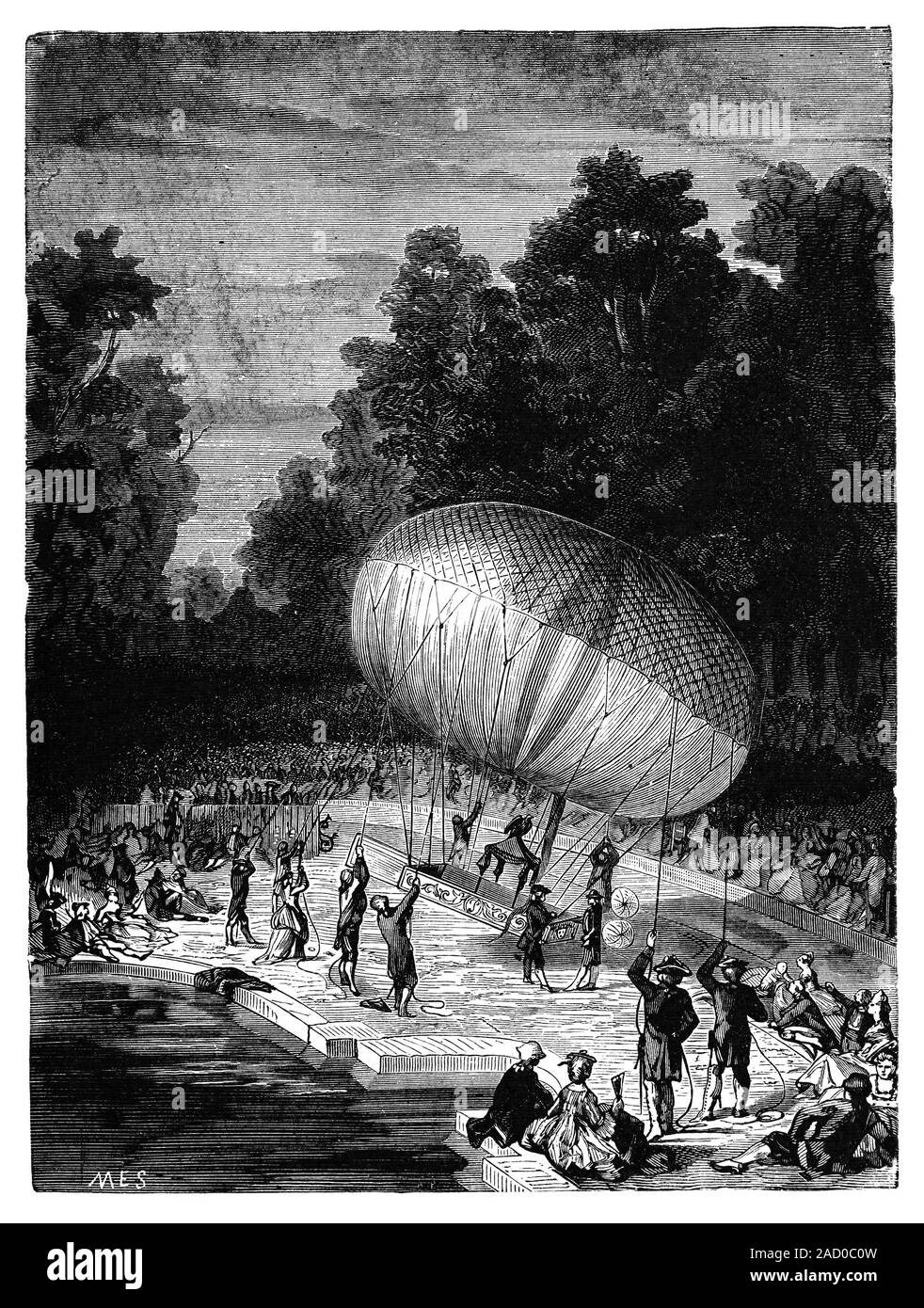 Duke of Chartres balloon flight. 19th-century illustration of the near ...
