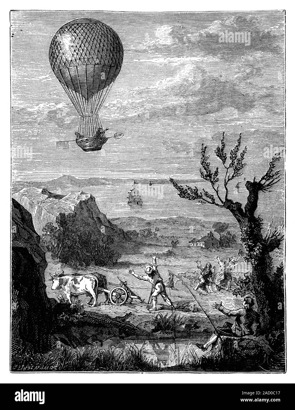 English Channel balloon crossing, 1785. 19th-century illustration of ...