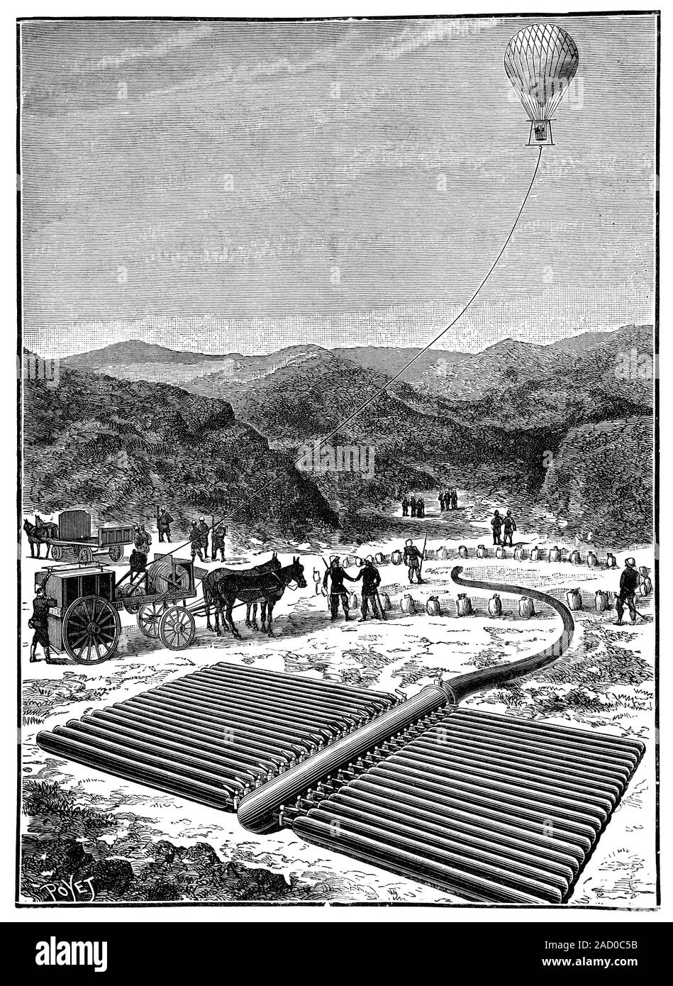 Italian military hydrogen balloon. 19th-century illustration of steel ...