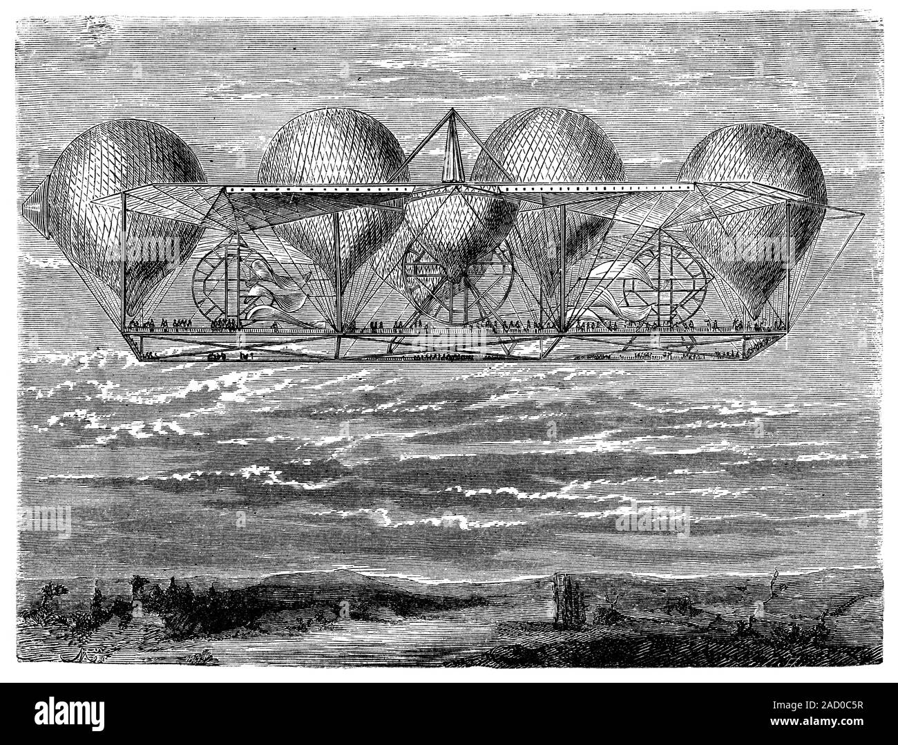 Petin's planned aerostat. 19th-century illustration of a planned but ...