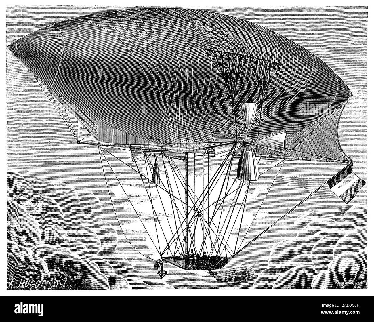 Yon's steam airship design. 19th-century illustration of the 1886 steam ...