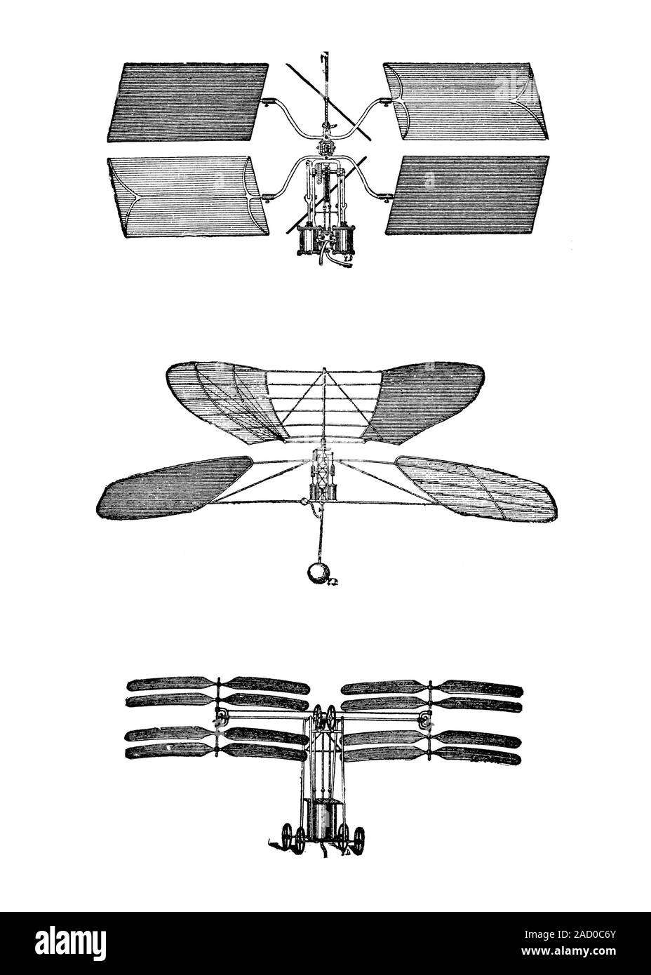 Three early helicopter designs of 1877, 19th-century illustration. At ...